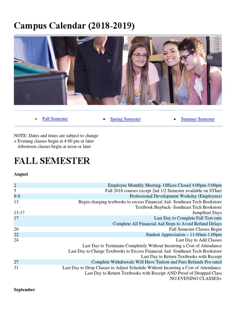 Campus Calendar (2018-2019) : Fall Semester Spring Semester Summer ...
