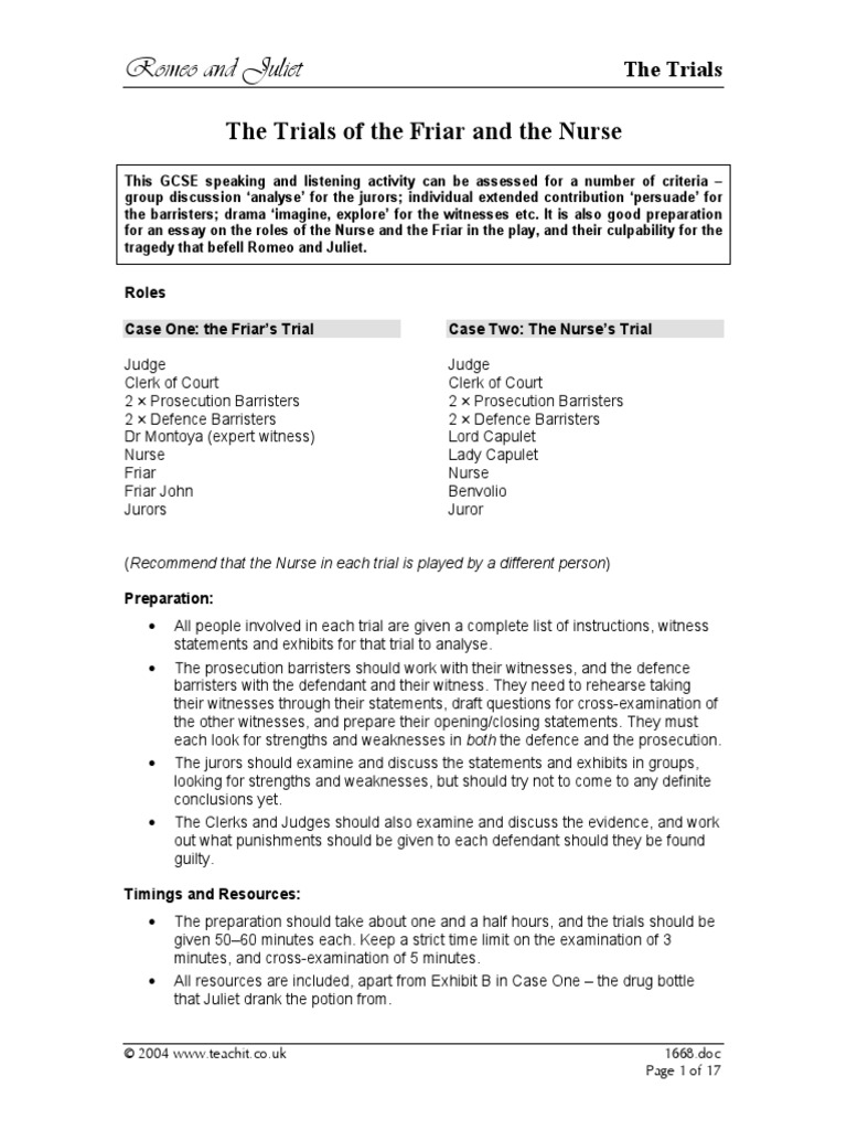 Romeo and Juliet: The Trials of The Friar and The Nurse | PDF ...