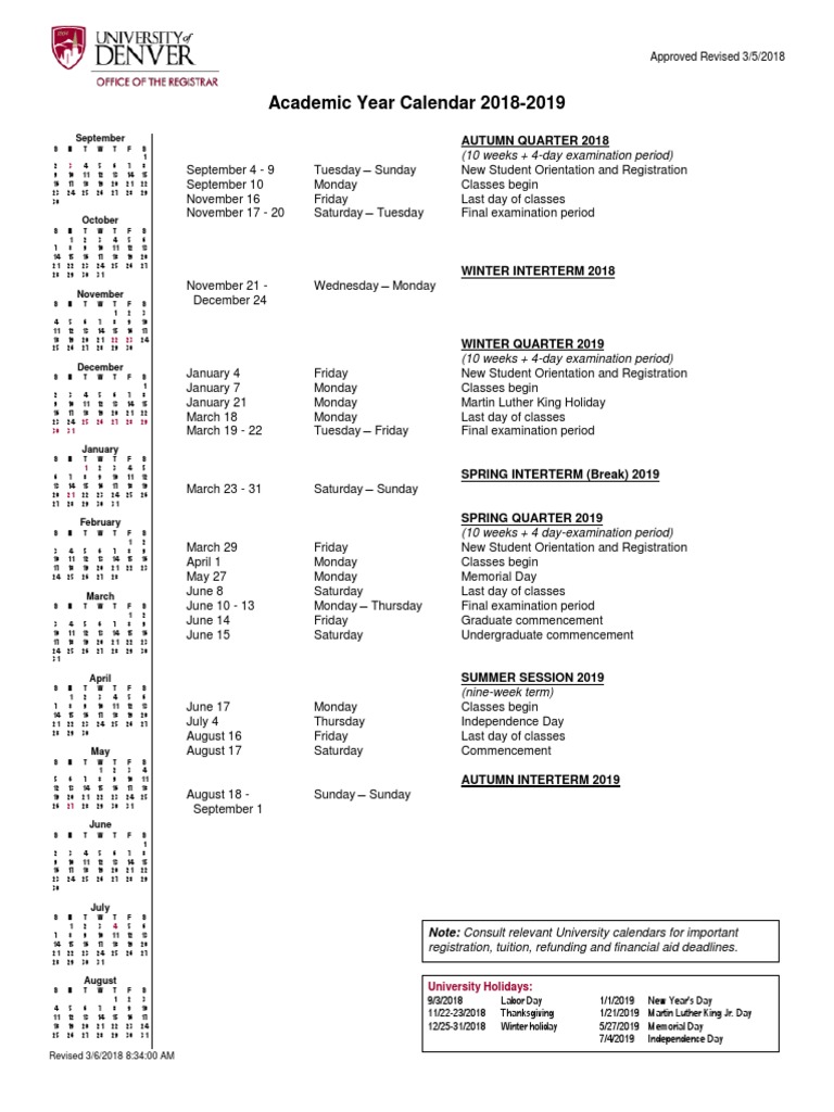 Academic Year Calendar 2018-2019: (10 Weeks + 4-Day Examination Period ...