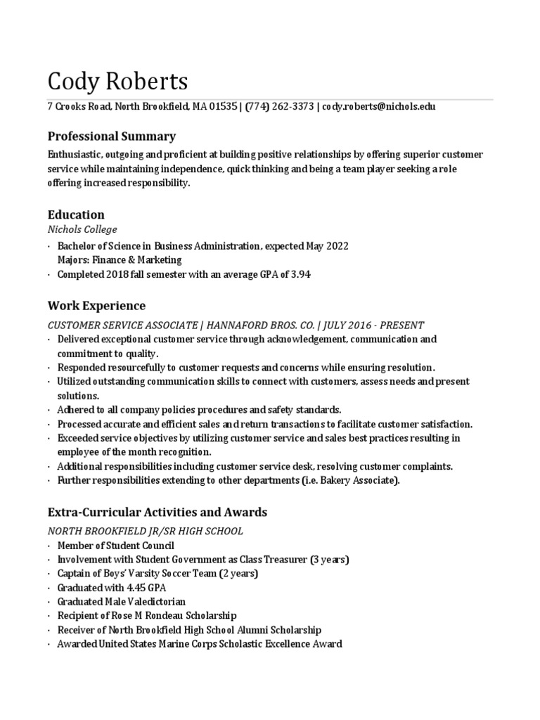 Cody Roberts Resume 2 - Assignment 11 | PDF