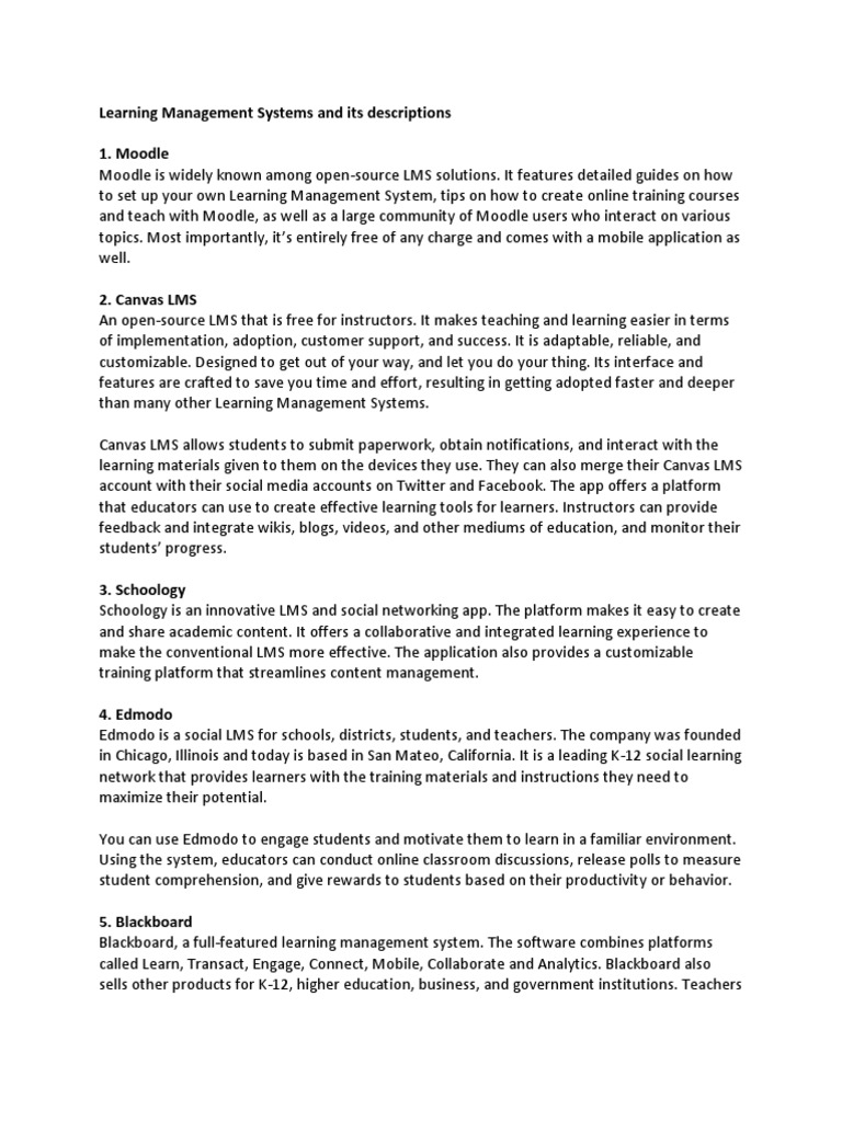 Learning Management Systems and Its Descriptions 1. Moodle | PDF | Behavior Modification ...