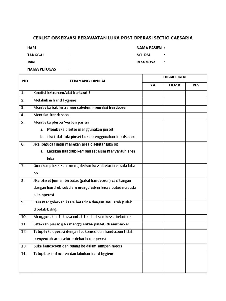 Ceklist Observasi Perawatan Luka Post Operasi Sectio Caesaria | PDF