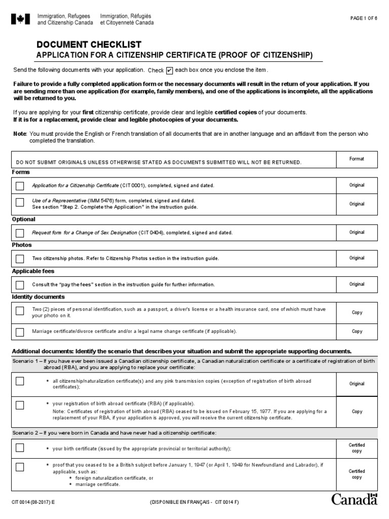 Document Checklist: Application For A Citizenship Certificate (Proof of ...