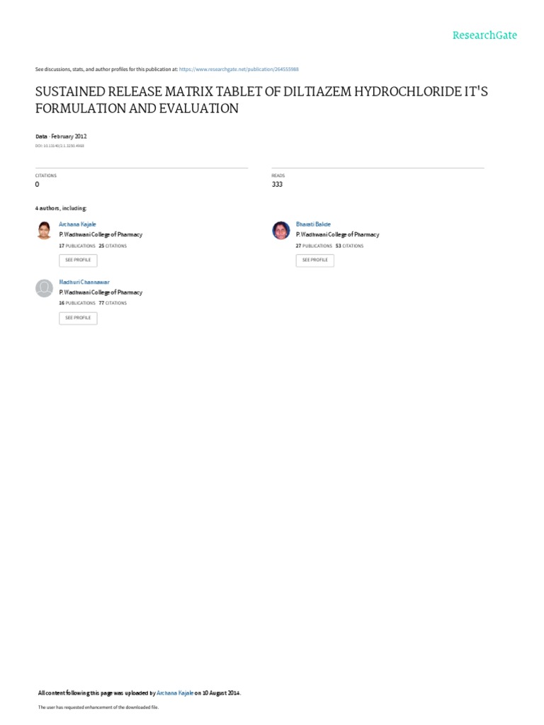 Sustained Release Matrix Tablet of Diltiazem Hydrochloride It'S ...