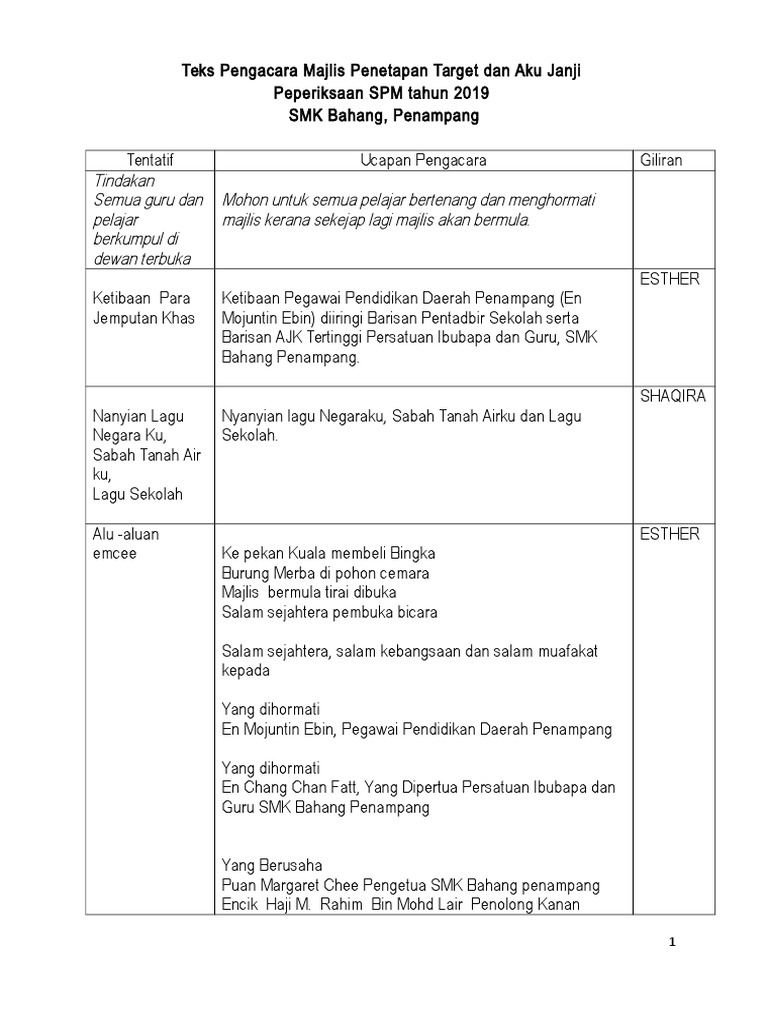 Teks - Pengacara - Majlis - Sempena Penetapan Target SPM 2019 | PDF