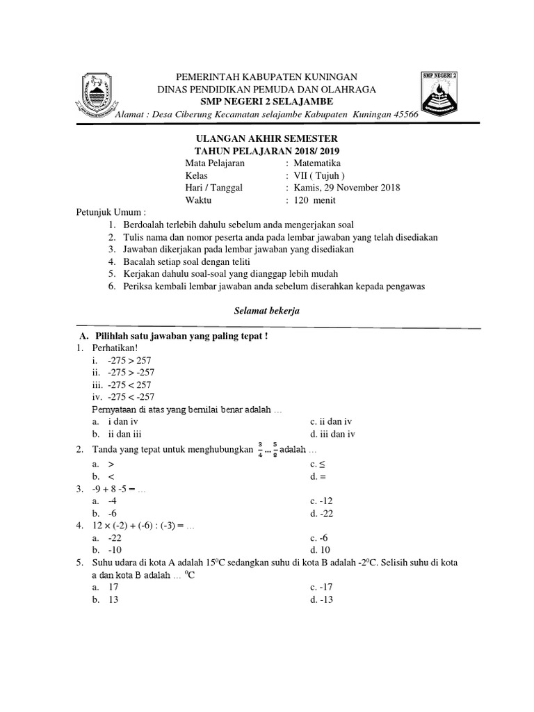 Soal Pas MTK Semester 1 Kelas 7 | PDF