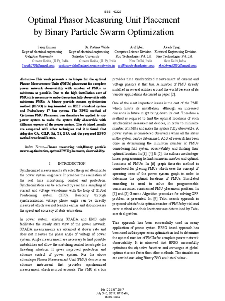 Optimal Phasor Measuring Unit Placement by Binary Particle Swarm Optimization | PDF ...