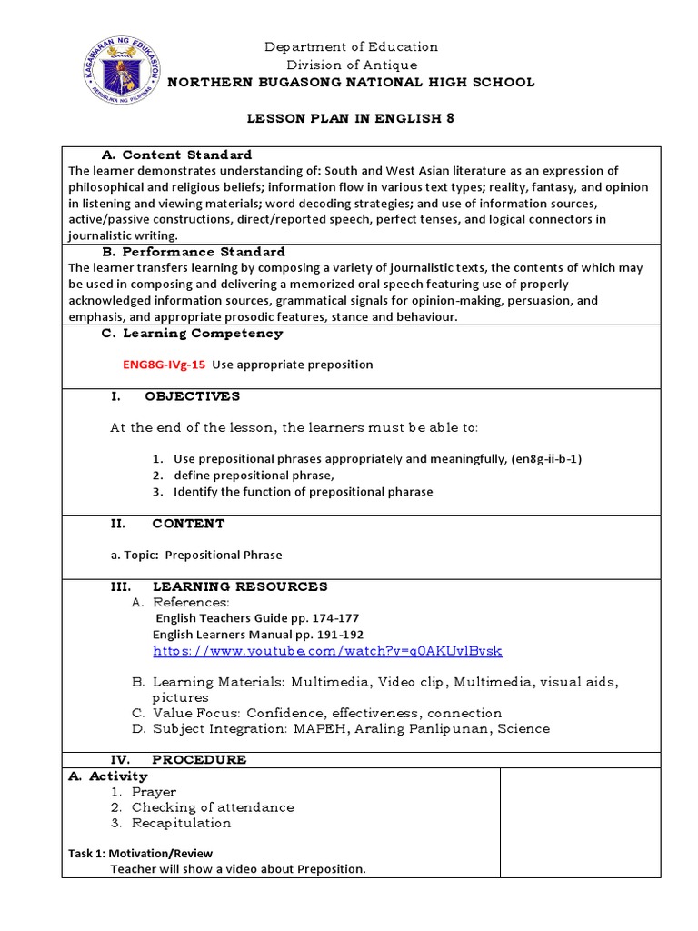 Grade 8 Lesson Plan: Prepositional Phrases | PDF | Preposition And ...