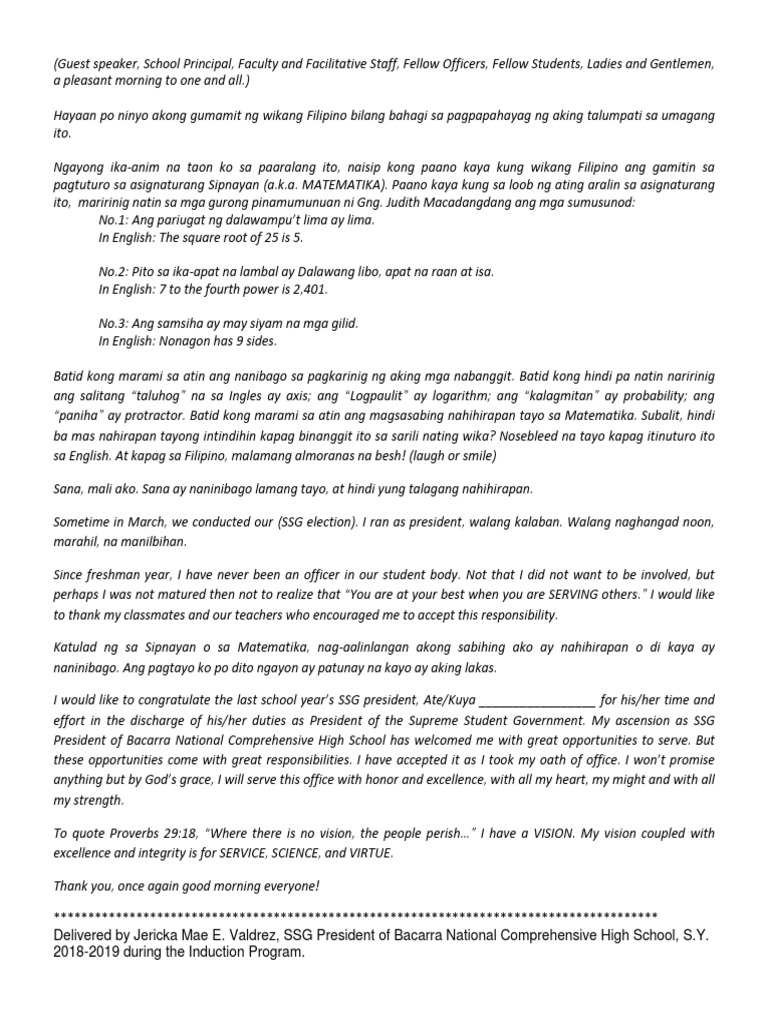 Commitment Speech SSG President - BNCHS | PDF