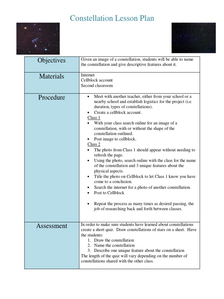 Constellation Lesson Plan | PDF | Lesson Plan | Education Theory