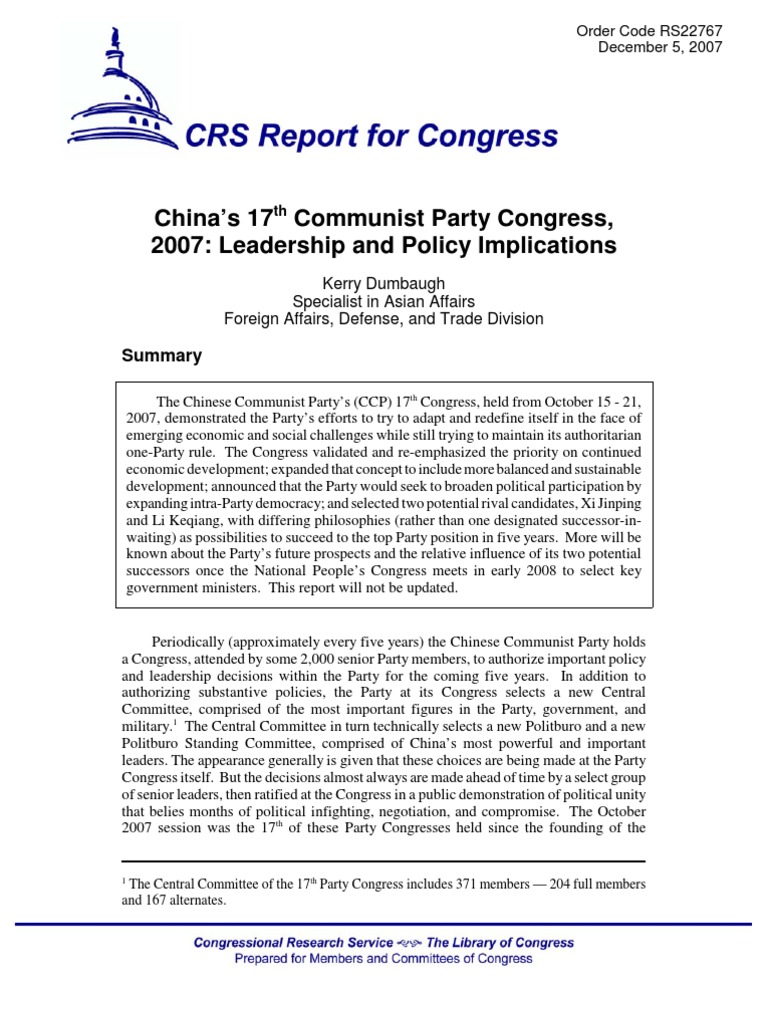 17th CPC Congress - Summary | PDF | Hu Jintao | Communist Party Of China