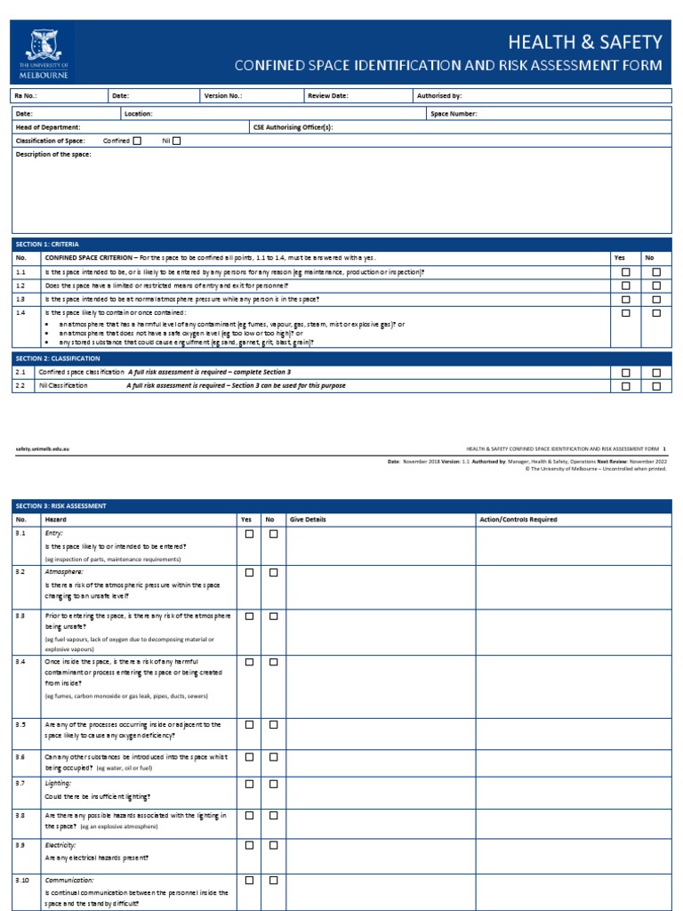 Health & Safety: Confined Space Identification and Risk Assessment Form ...