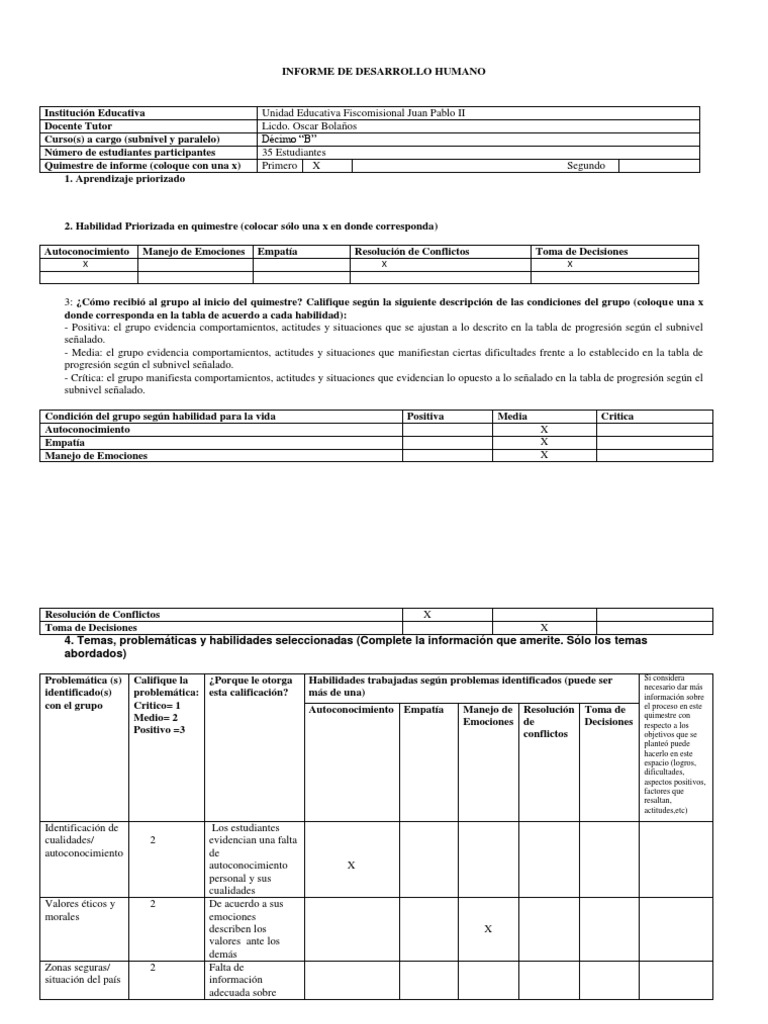 Informe de Desarrollo Humano Decimo B | Descargar gratis PDF | Toma de decisiones | Empatía
