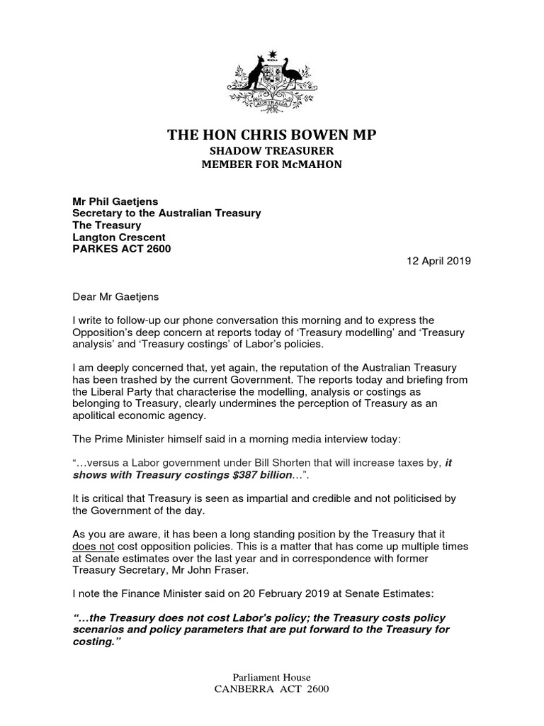 Letter To Treasury Secretary | PDF | Politics Of Australia | Government