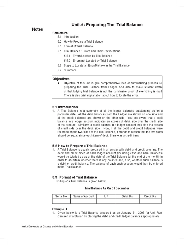 Notes: Unit-5: Preparing The Trial Balance | PDF | Debits And Credits ...