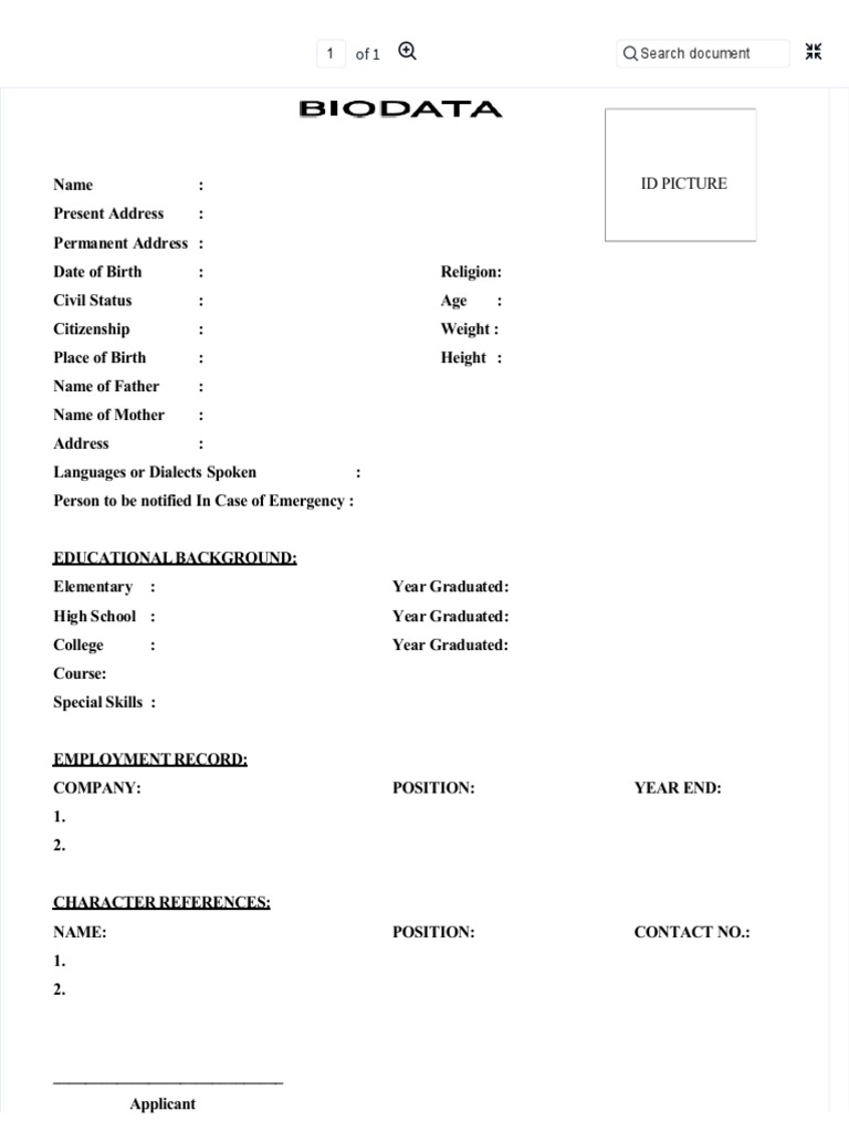 Job Application Biodata Format | PDF