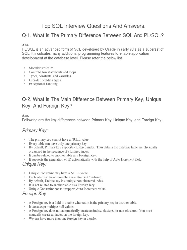 Top SQL Interview Questions and Answers | PDF | Database Index ...