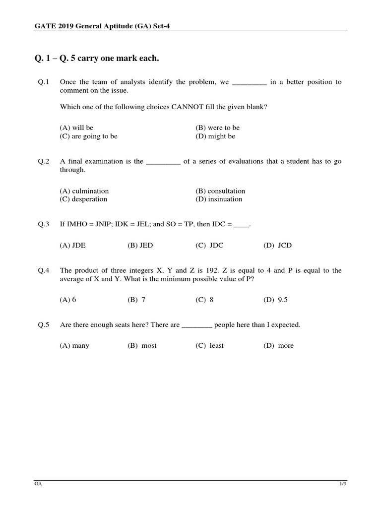 Q. 1 - Q. 5 Carry One Mark Each.: GATE 2019 General Aptitude (GA) Set-4 | PDF | Bacteria ...