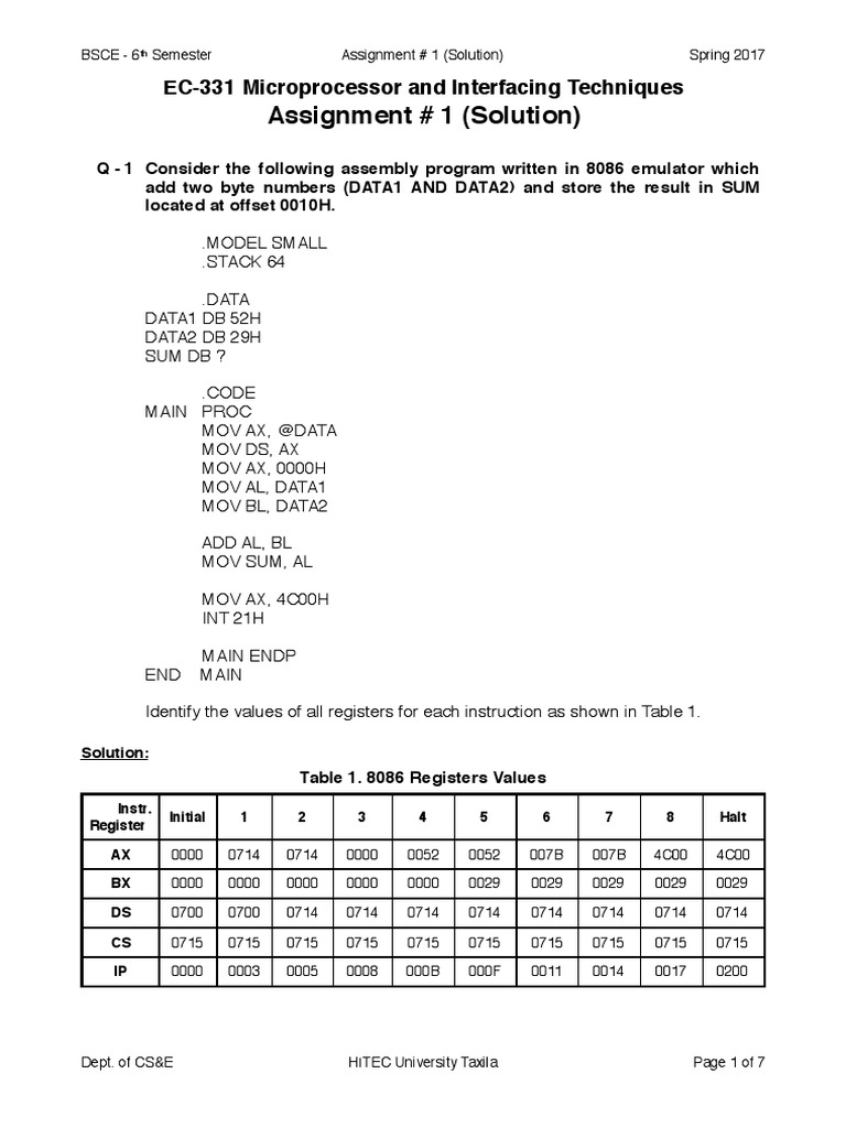 Assignment # 1 (Solution) : EC-331 Microprocessor and Interfacing Techniques | PDF | Binary ...