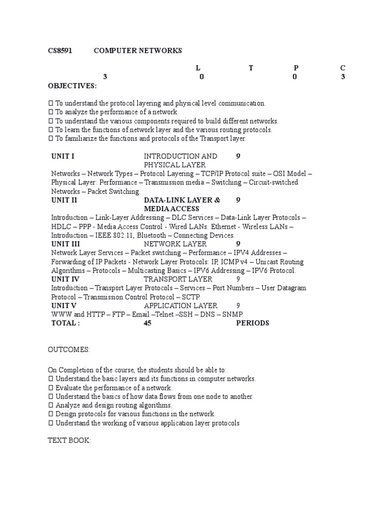 CS8591 Computer Networks L T P C 3 0 0 3 Objectives | PDF | Internet Protocol Suite | Computer ...