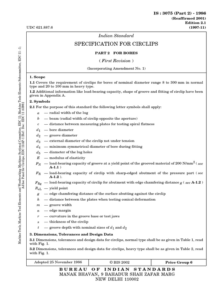 Specification For Circlips: IS: 3075 (Part 2) - 1986 | Young's Modulus ...