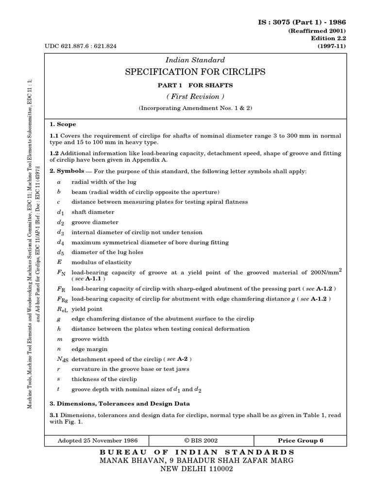 Specification For Circlips: IS: 3075 (Part 1) - 1986 | PDF | Fracture ...