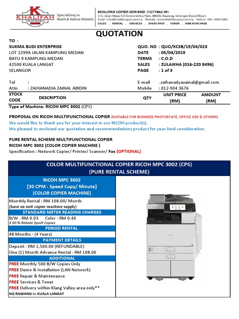 Quo - Sukma Budi Enterprise - MPC 3002 PDF | PDF | Photocopier | Printer (Computing)