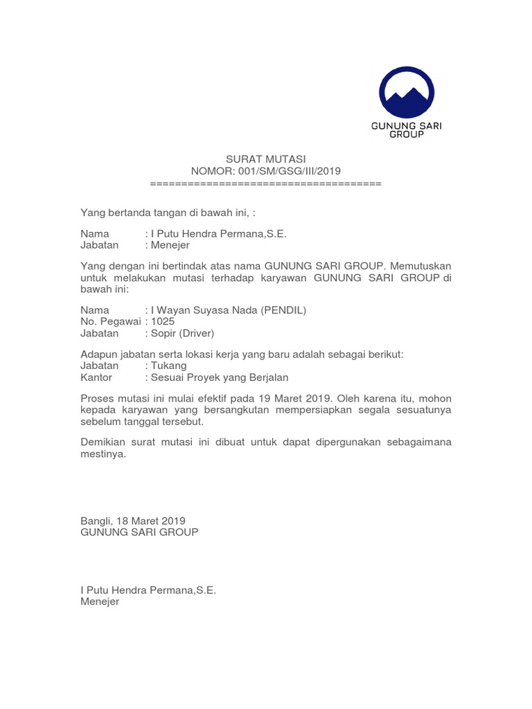 Surat Mutasi Karyawan GSG | PDF