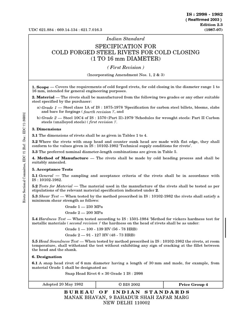Flat Head Rivets - IS2998 | PDF | Rivet | Steel