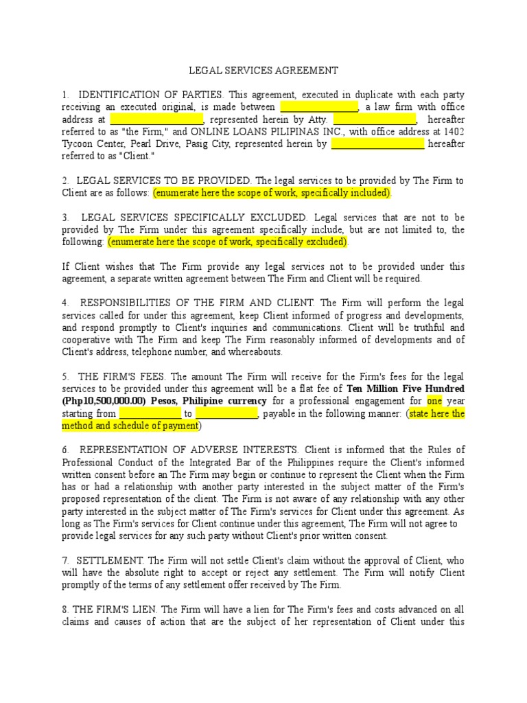Legal Services Agreement Between [Law Firm Name] and Online Loans ...