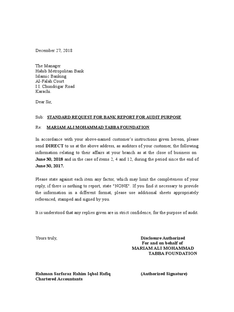 Standard Request For Bank Report For Audit Purpose Mariam Ali Mohammad ...