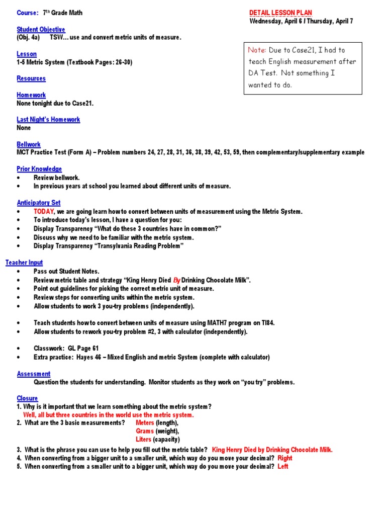 Metric System Lesson Plan for 7th Grade | PDF | Litre | Kilogram