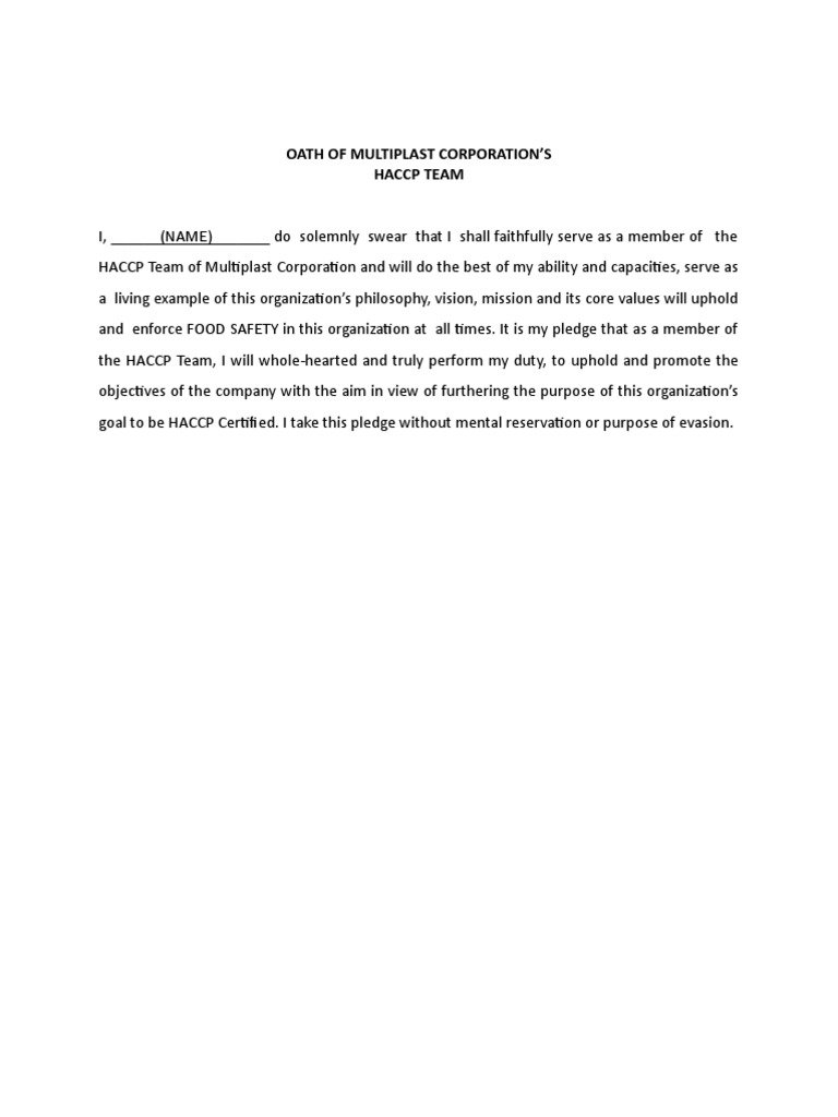HACCP Team Oath for Multiplast Corp | PDF