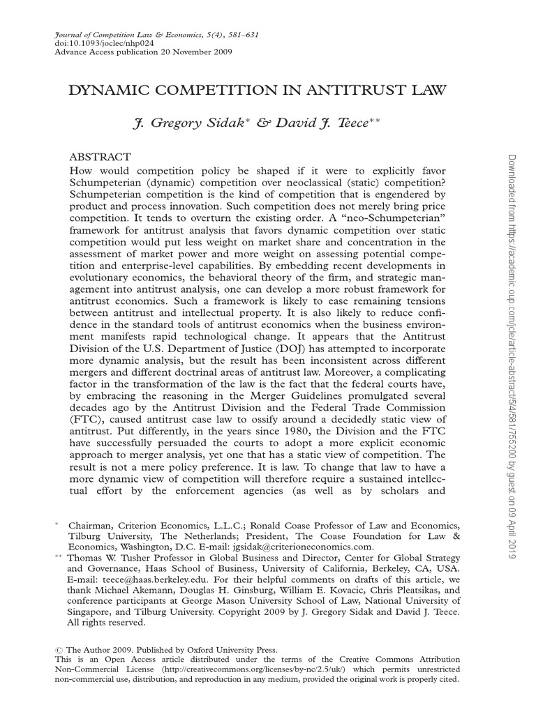 Dynamic Competition in Antitrust Law J. Gregory Sidak & David J. Teece ...