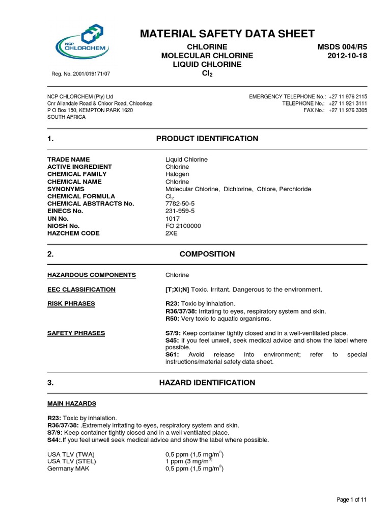 Cl2 Material Safety Data Sheet | PDF | Chlorine | Carbon