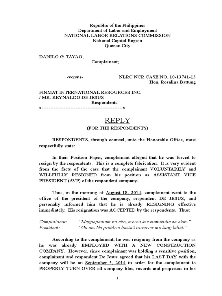 Finmat Vs Tayao Reply | PDF | Employment | Evidence