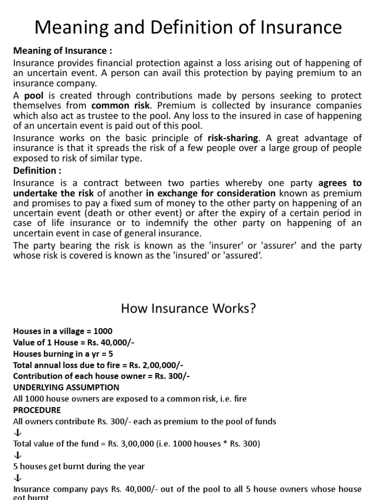 Meaning and Definition of Insurance | PDF | Insurance | Life Insurance