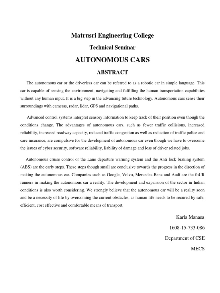 Autonomous Cars: Matrusri Engineering College | PDF | Car | Systems ...