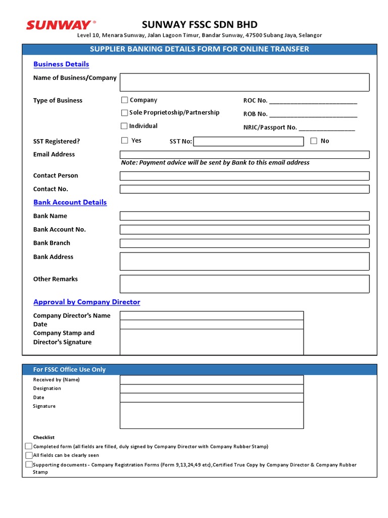 Sunway FSSC SDN BHD: Supplier Banking Details Form For Online Transfer ...
