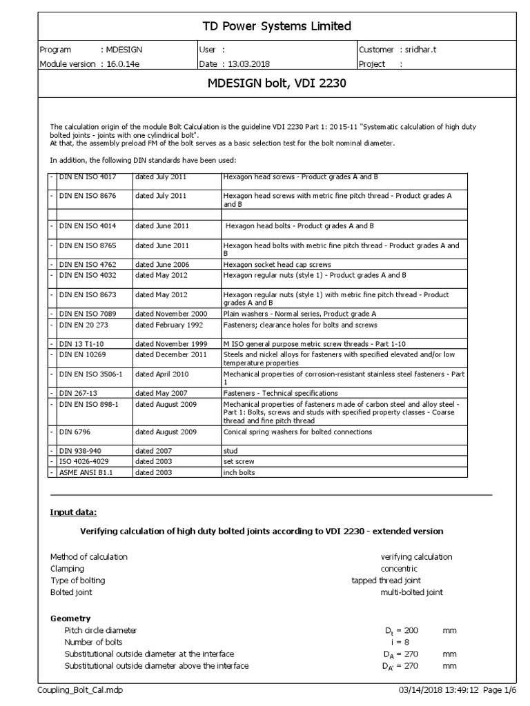 MDESIGN Bolt, VDI 2230 (Coupling - Bolt - Cal | PDF | Screw | Building ...
