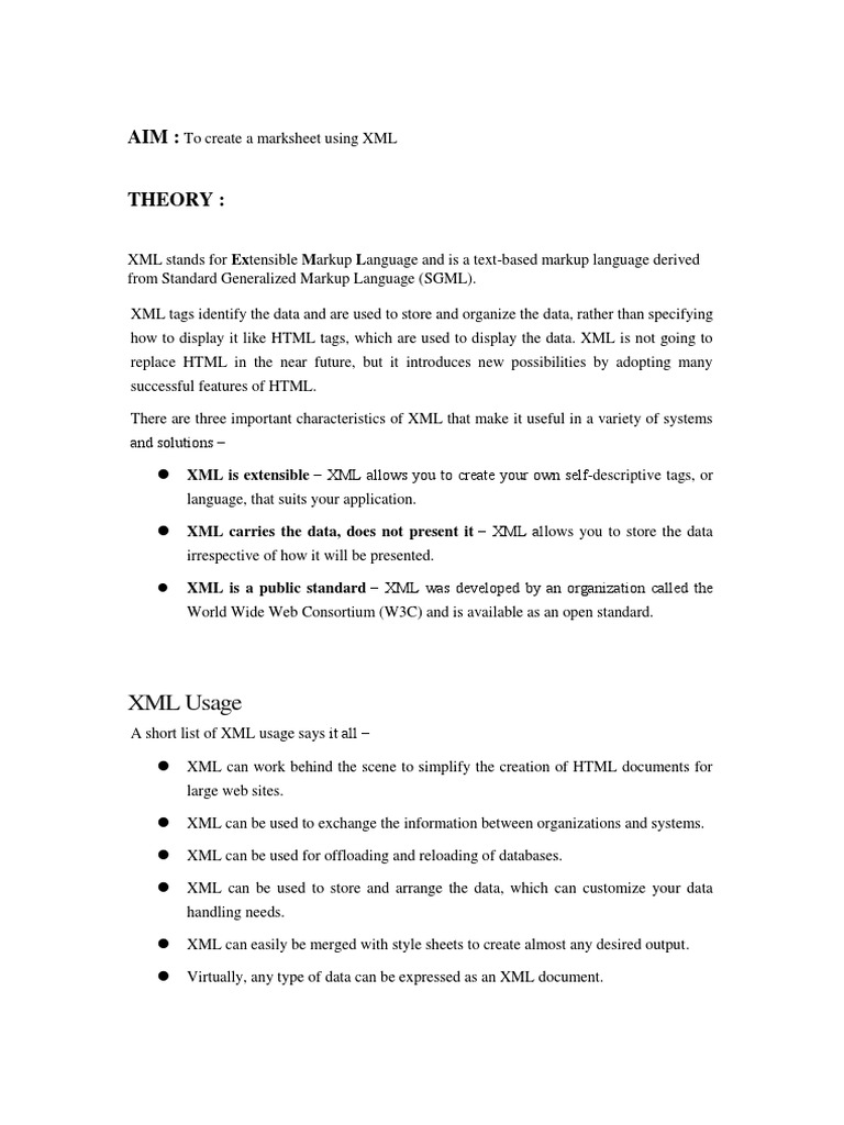 Xml Usage To Create A Marksheet Using Xml Pdf Xml Markup Language 7831