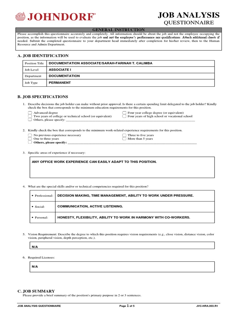 SARAH Job Analysis Questionnaire | PDF | Employment | Academic Degree