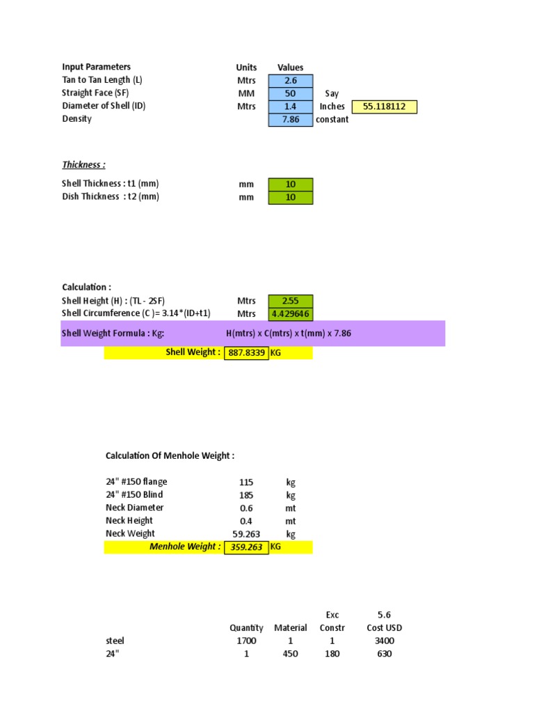 Pressure Vessel Weight Calculations | PDF | Volume | Pressure