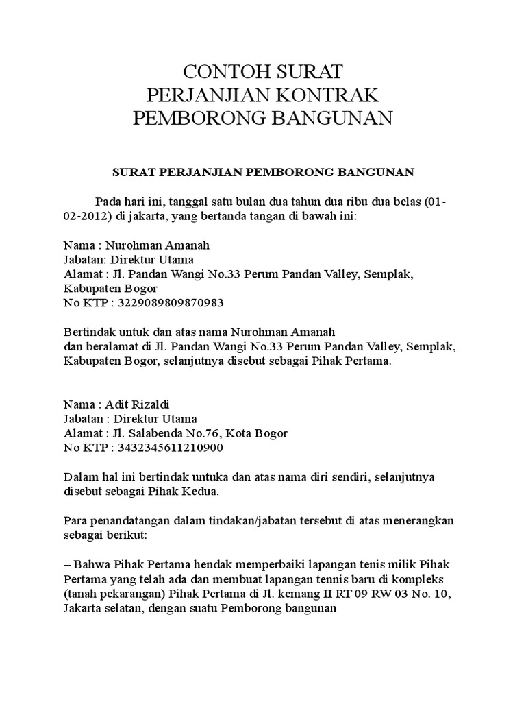 Contoh Surat Perjanjian Kontrak Pemborong | PDF