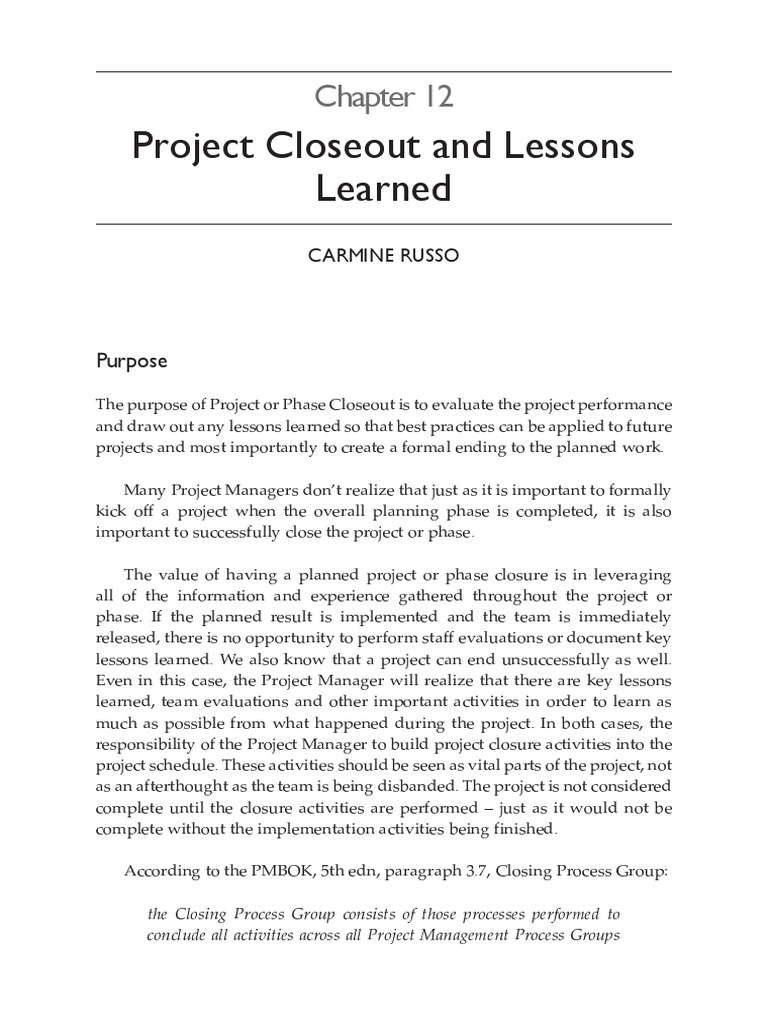 Project Closeout and Lessons Learned: Purpose | PDF