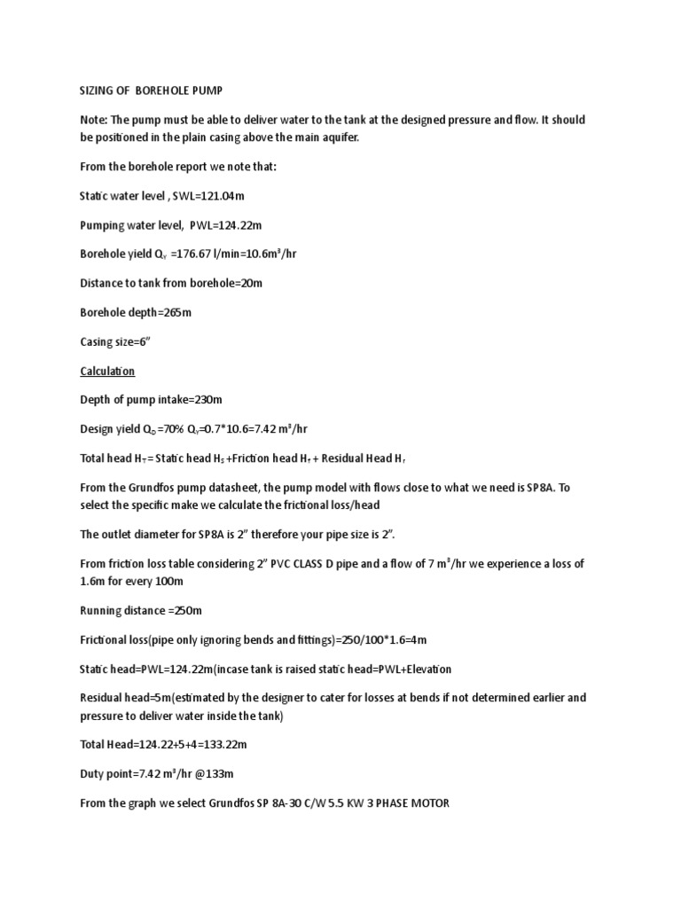 Borehole Pump Sizing Calculation | PDF
