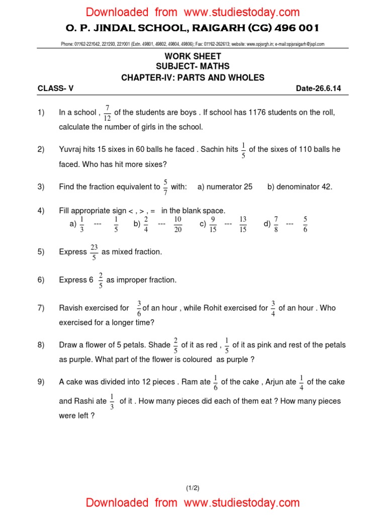 CBSE Class 5 Mathematics Worksheet - Parts and Wholes | PDF | Fraction ...