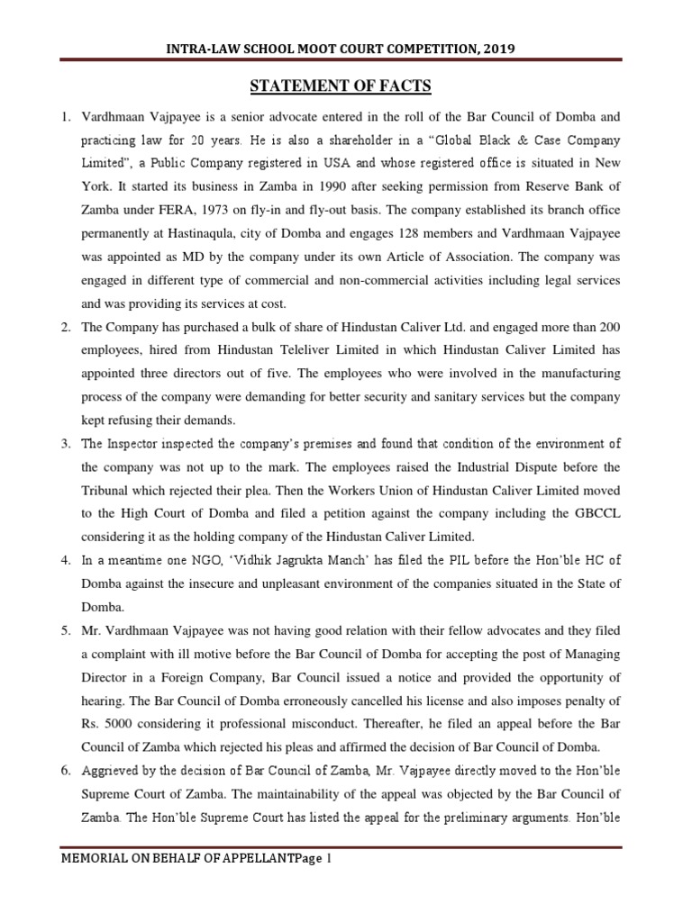Statement of Facts: Intra-Law School Moot Court Competition, 2019 | PDF ...