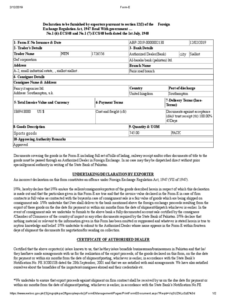 Export Declaration Form-E Guide | PDF | Invoice | Economies
