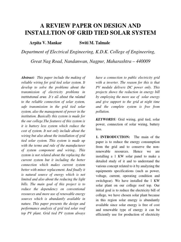 A Review Paper On Design and Installtion of Grid Tied Solar System ...